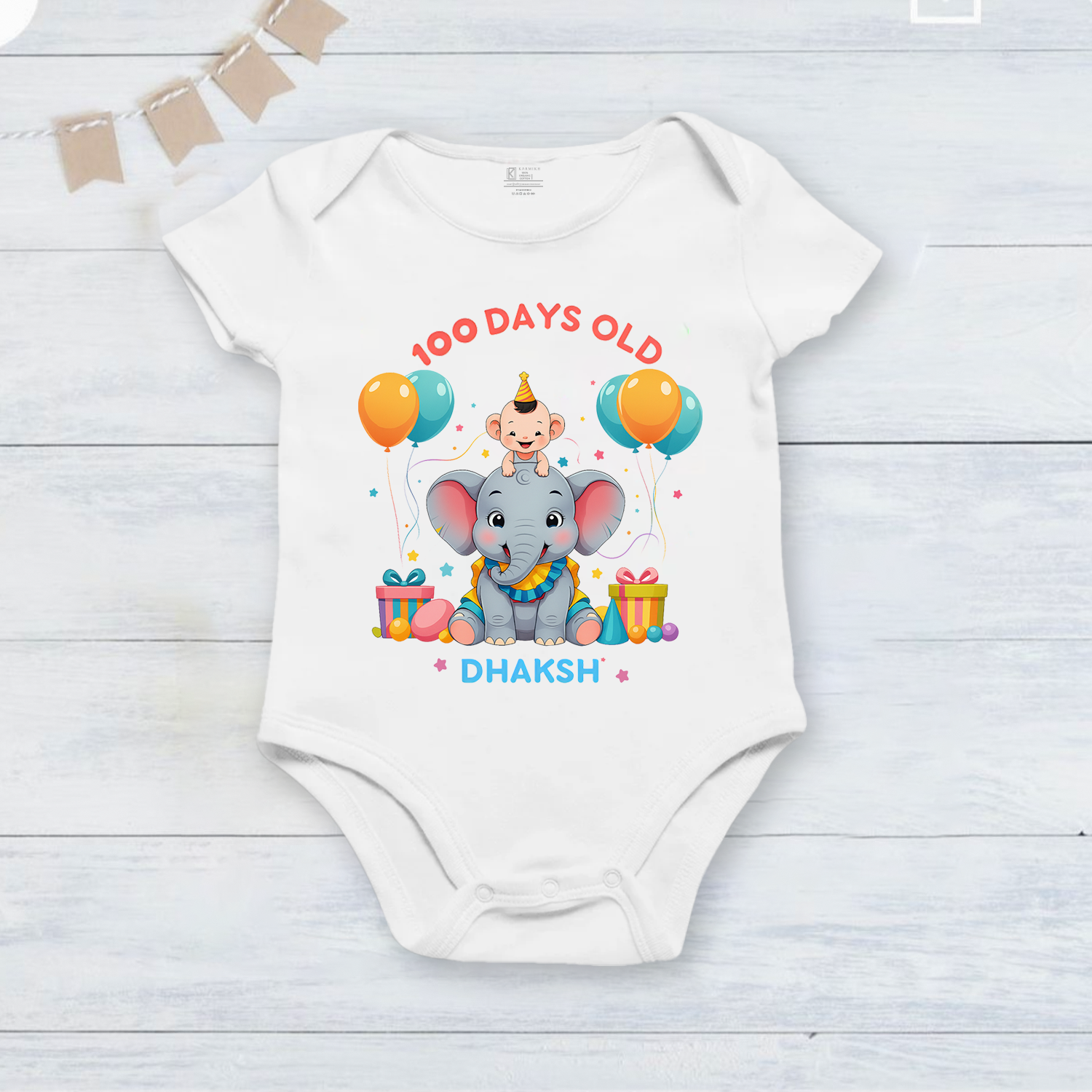 100 Days Completed with customized baby name _ White romper – karmikh