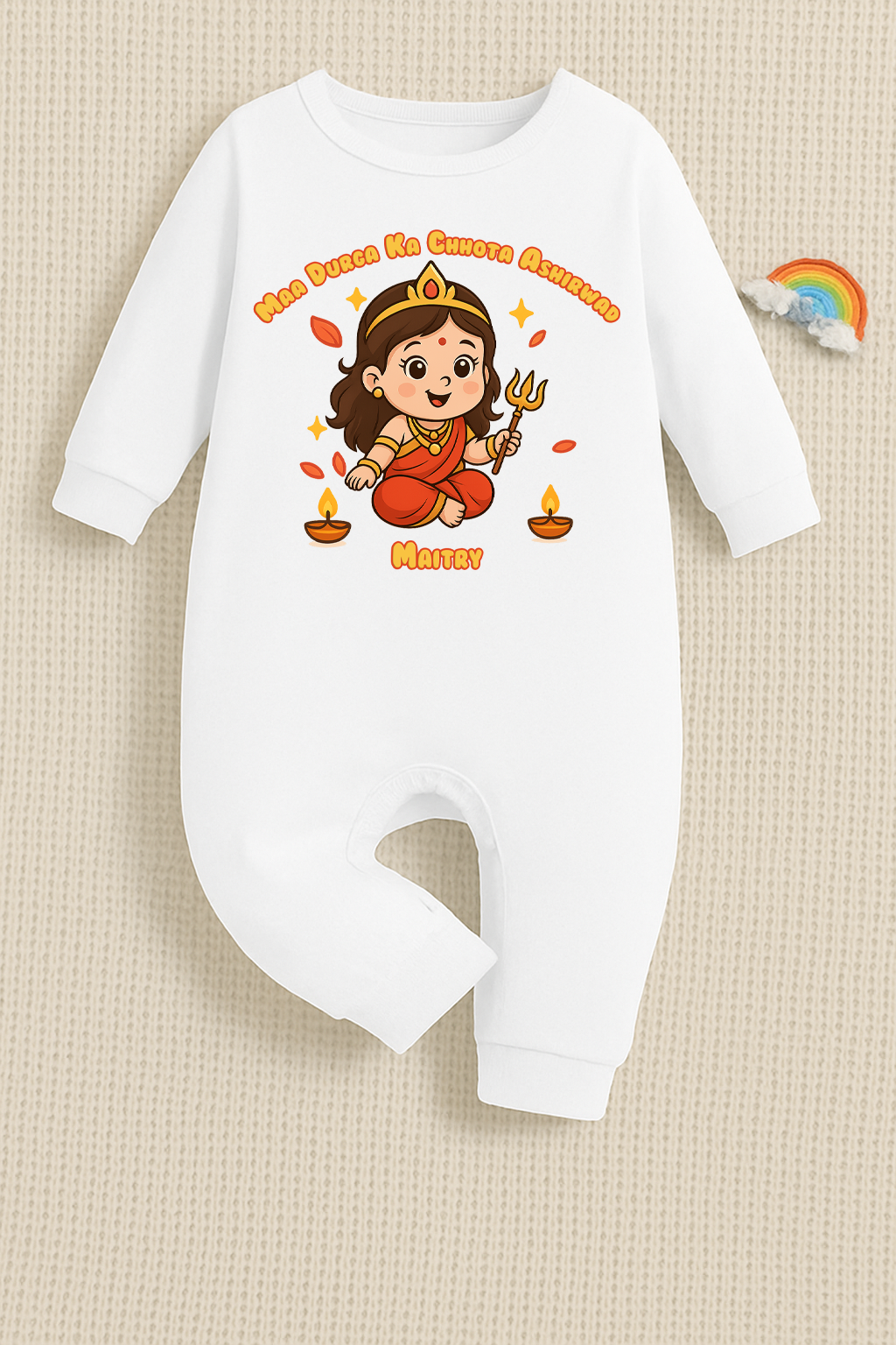 Maa Durga Ka Chhota Ashirwad with Customized Name _ Full White Romper – karmikh